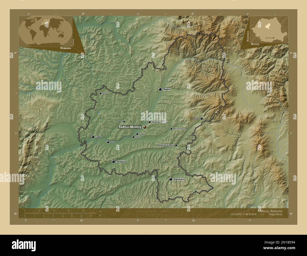 Mures, county of Romania. Colored elevation map with lakes and rivers ...