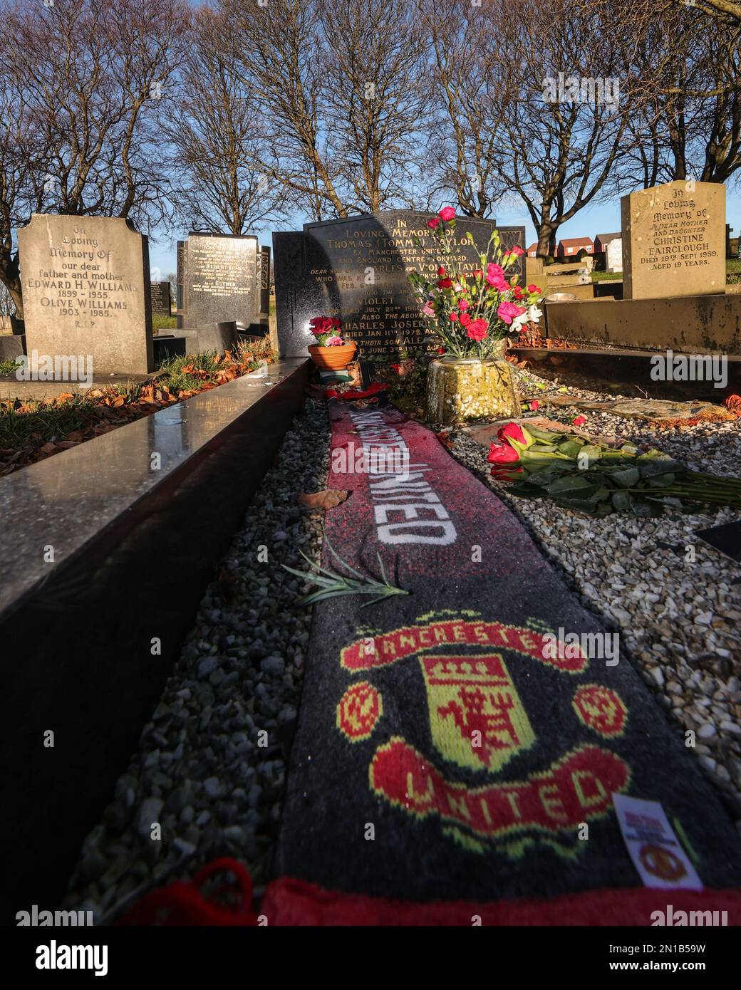 Barnsley, UK. 06th Feb, 2023. The headstone of Tommy Taylor on the 65th ...