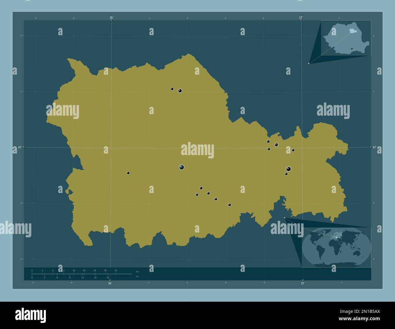Neamt, county of Romania. Solid color shape. Locations of major cities ...
