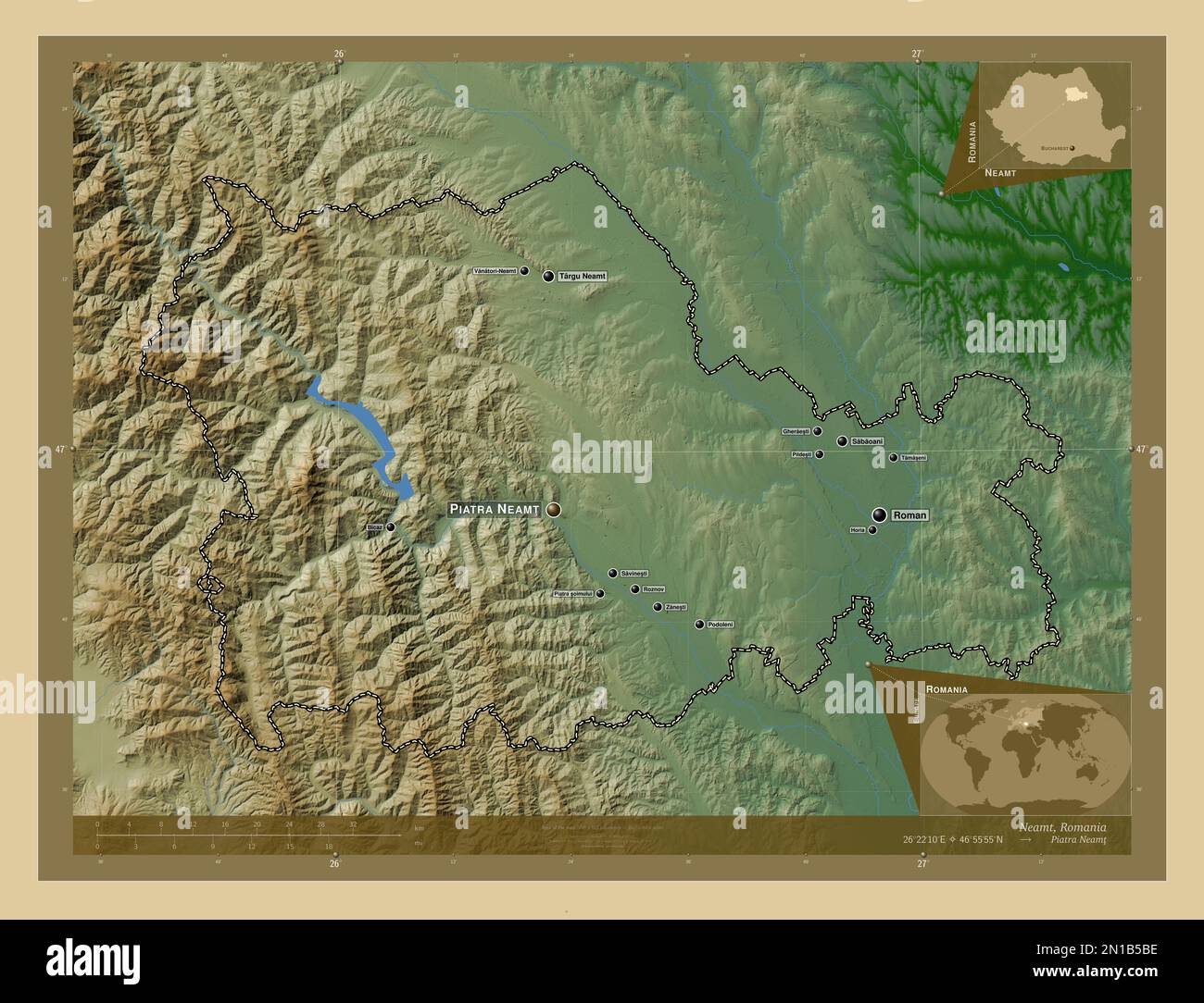 Neamt, county of Romania. Colored elevation map with lakes and rivers ...
