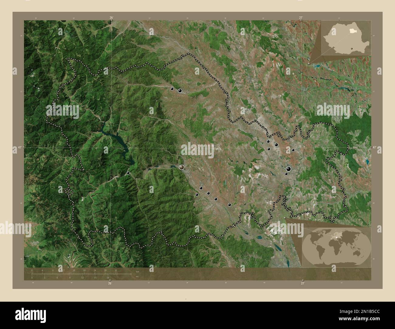 Neamt, county of Romania. High resolution satellite map. Locations of ...