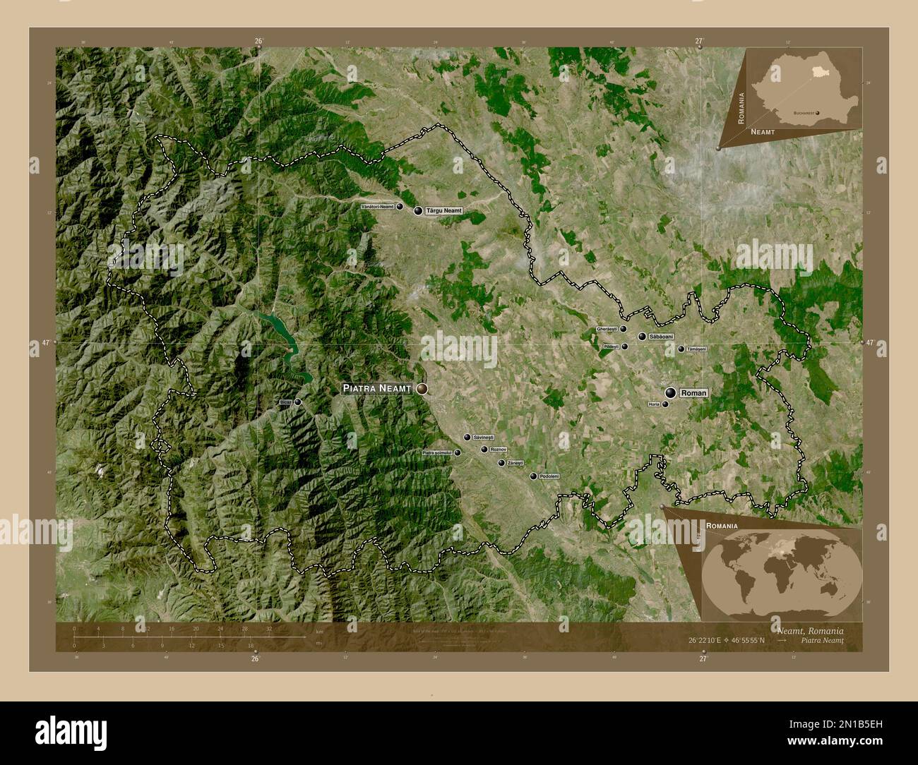 Neamt, county of Romania. Low resolution satellite map. Locations and ...
