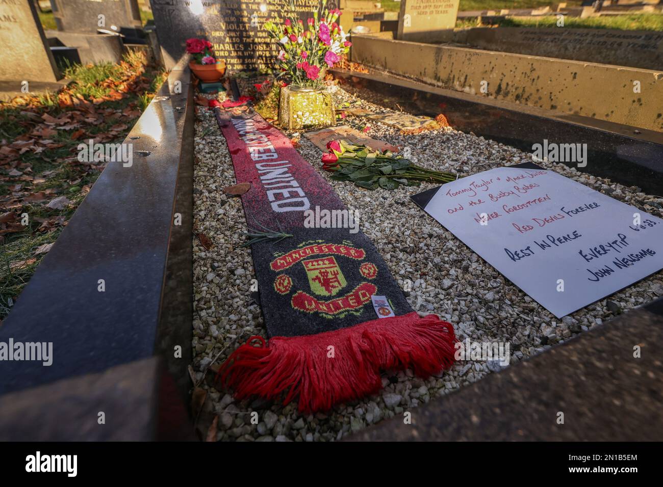 Barnsley, UK. 06th Feb, 2023. The headstone of Tommy Taylor on the 65th ...