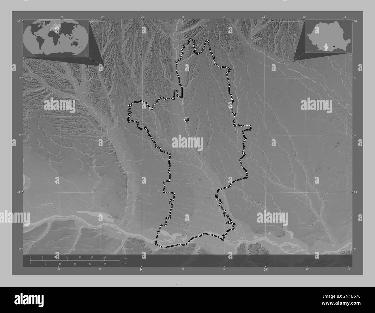 Olt, county of Romania. Grayscale elevation map with lakes and rivers ...