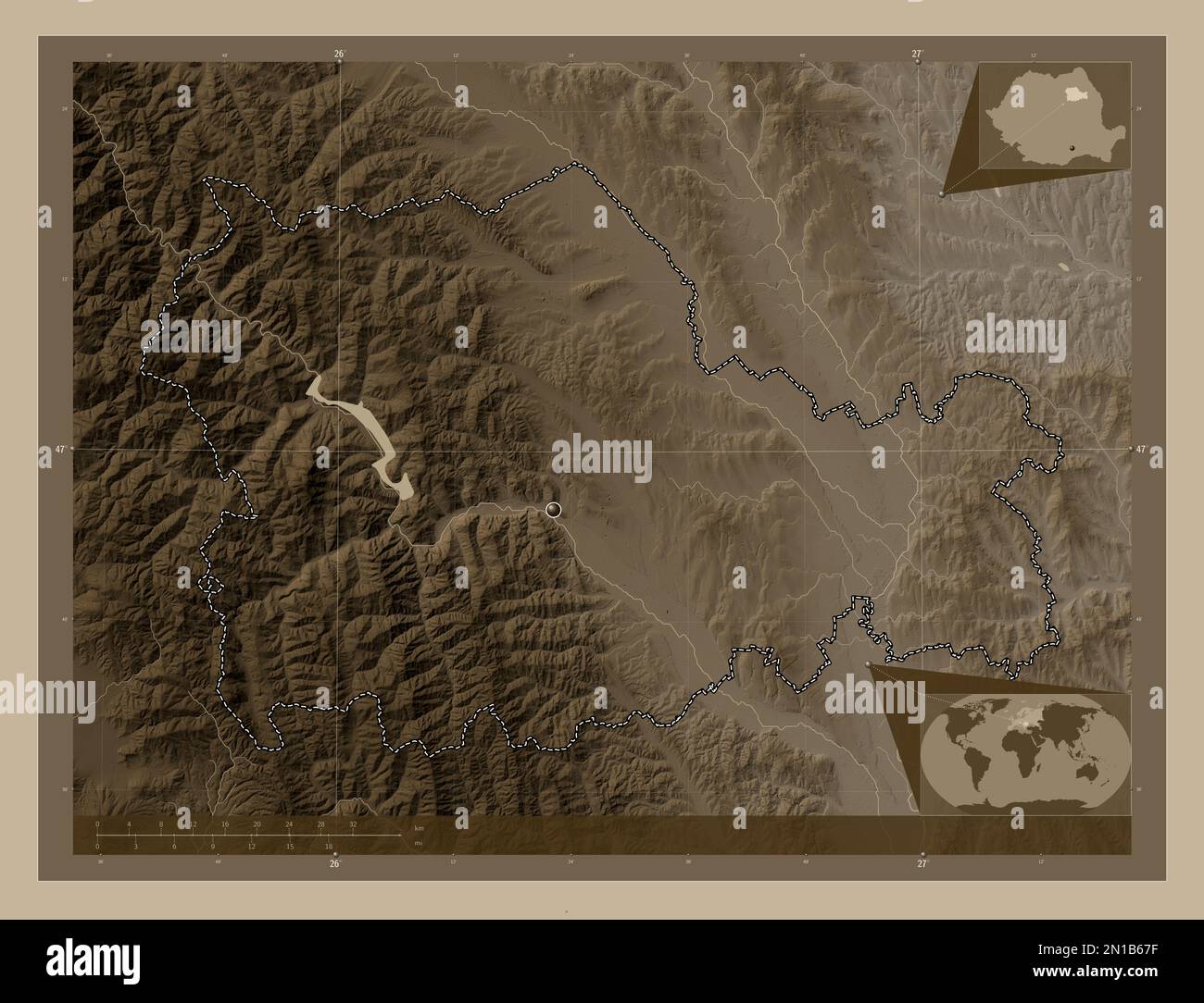 Neamt, county of Romania. Elevation map colored in sepia tones with ...