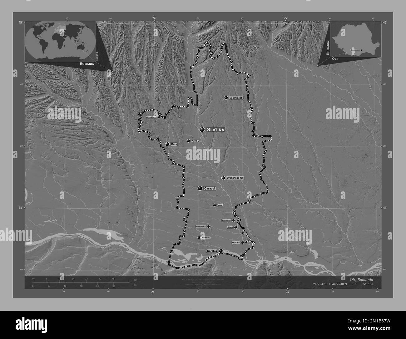 Olt, county of Romania. Bilevel elevation map with lakes and rivers ...