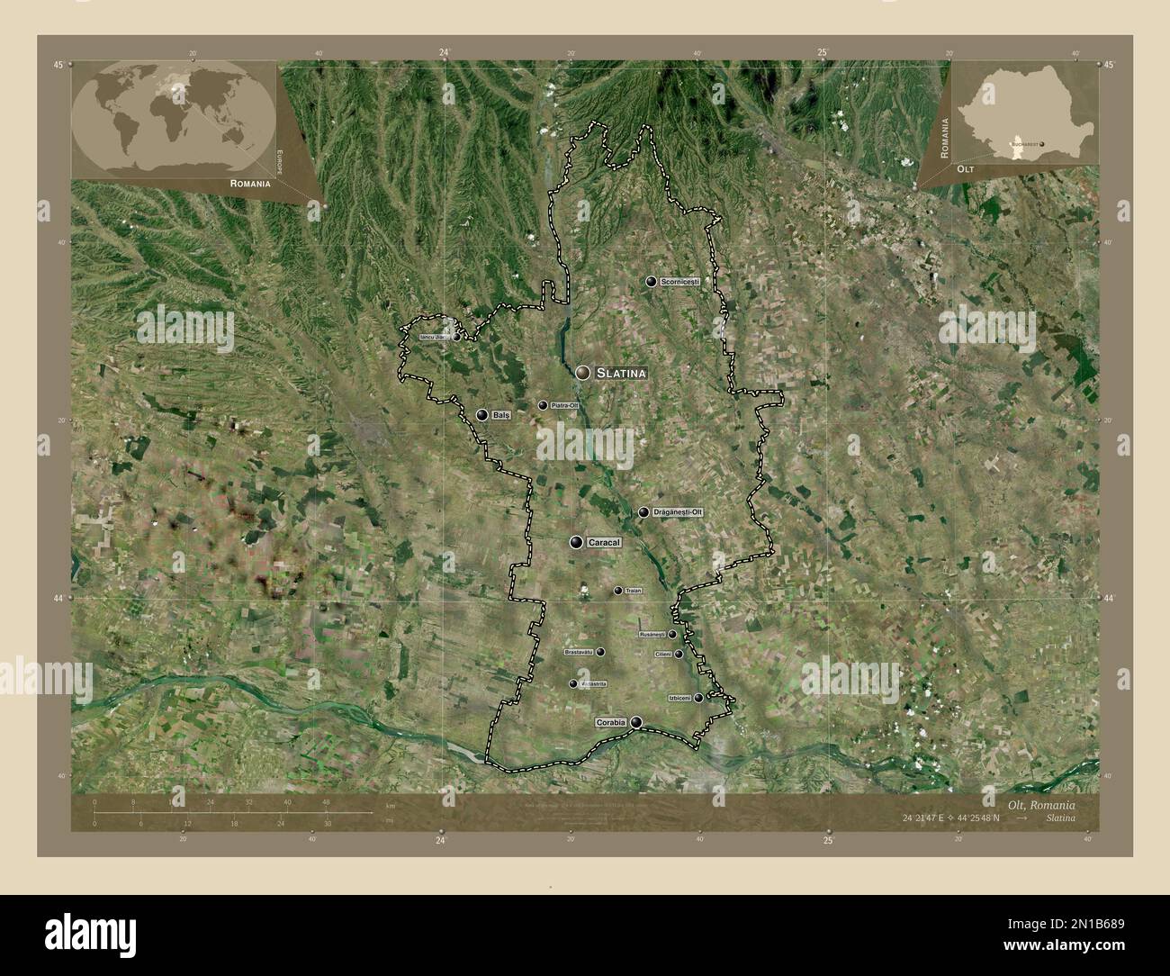 Olt, county of Romania. High resolution satellite map. Locations and ...