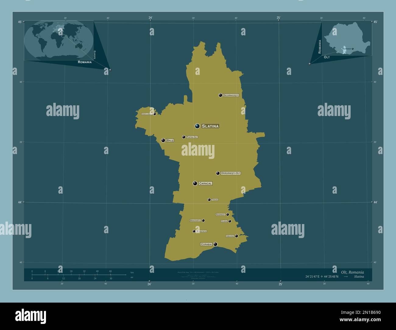 Olt, county of Romania. Solid color shape. Locations and names of major ...