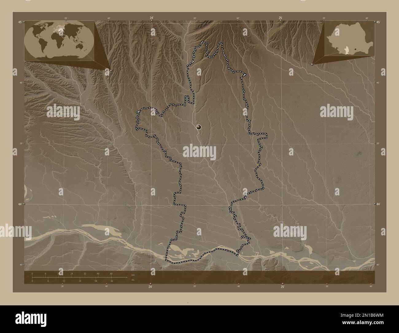 Olt, county of Romania. Elevation map colored in sepia tones with lakes ...
