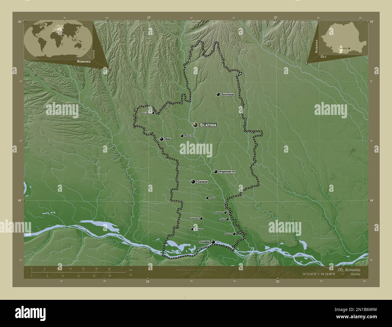 Olt, county of Romania. Elevation map colored in wiki style with lakes ...