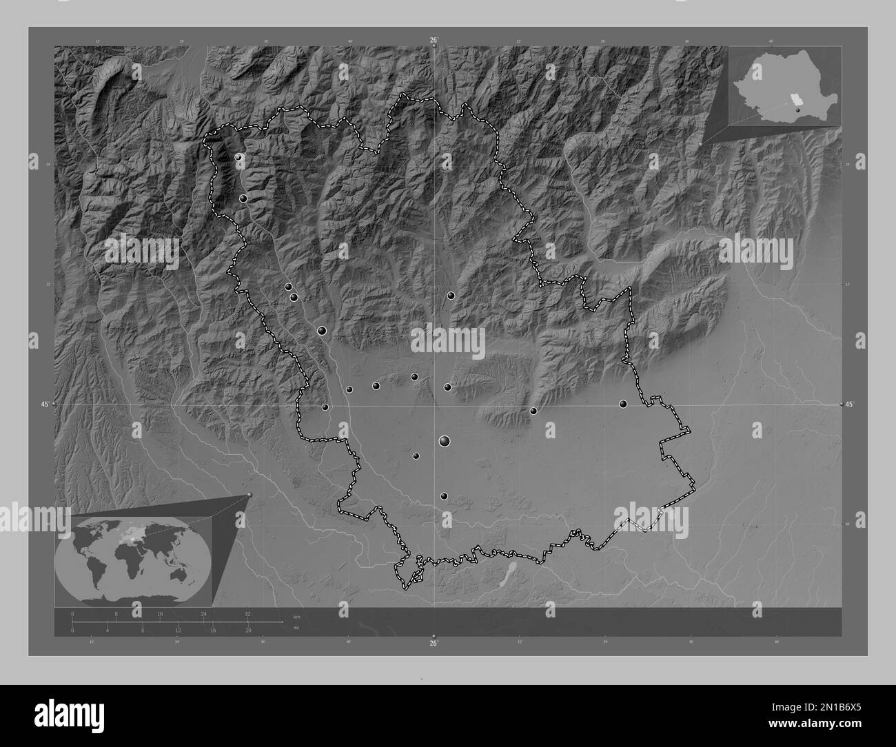 Prahova, county of Romania. Grayscale elevation map with lakes and ...