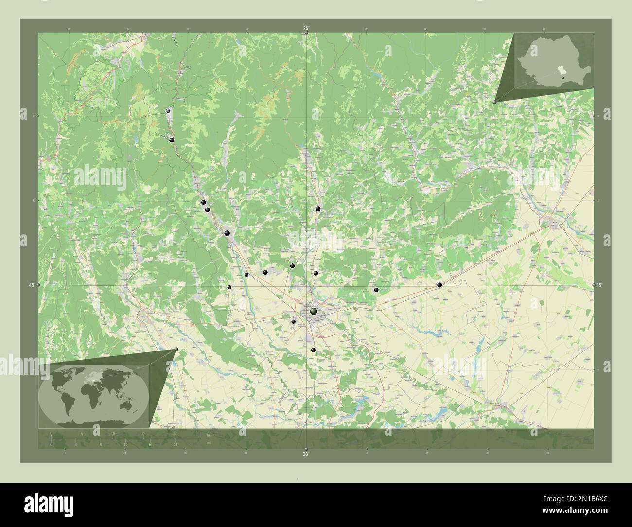 Prahova, county of Romania. Open Street Map. Locations of major cities ...