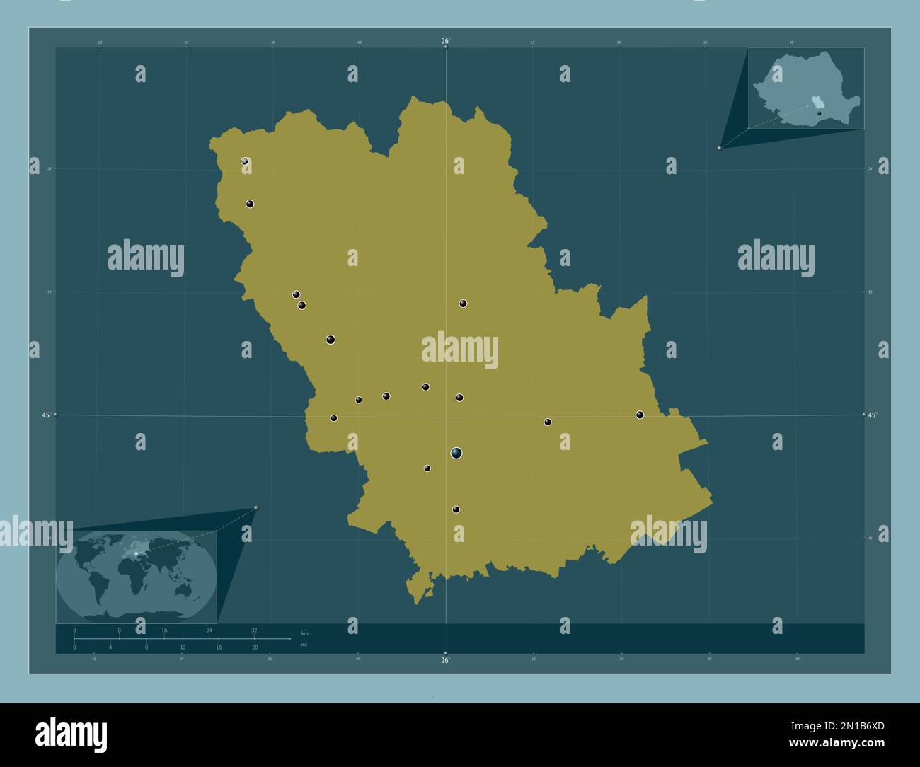 Prahova, county of Romania. Solid color shape. Locations of major ...