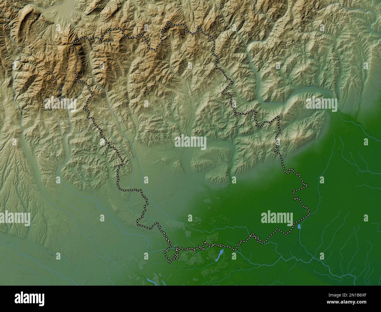 Prahova, county of Romania. Colored elevation map with lakes and rivers ...