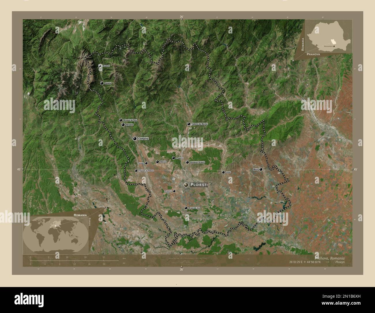 Prahova, county of Romania. High resolution satellite map. Locations ...