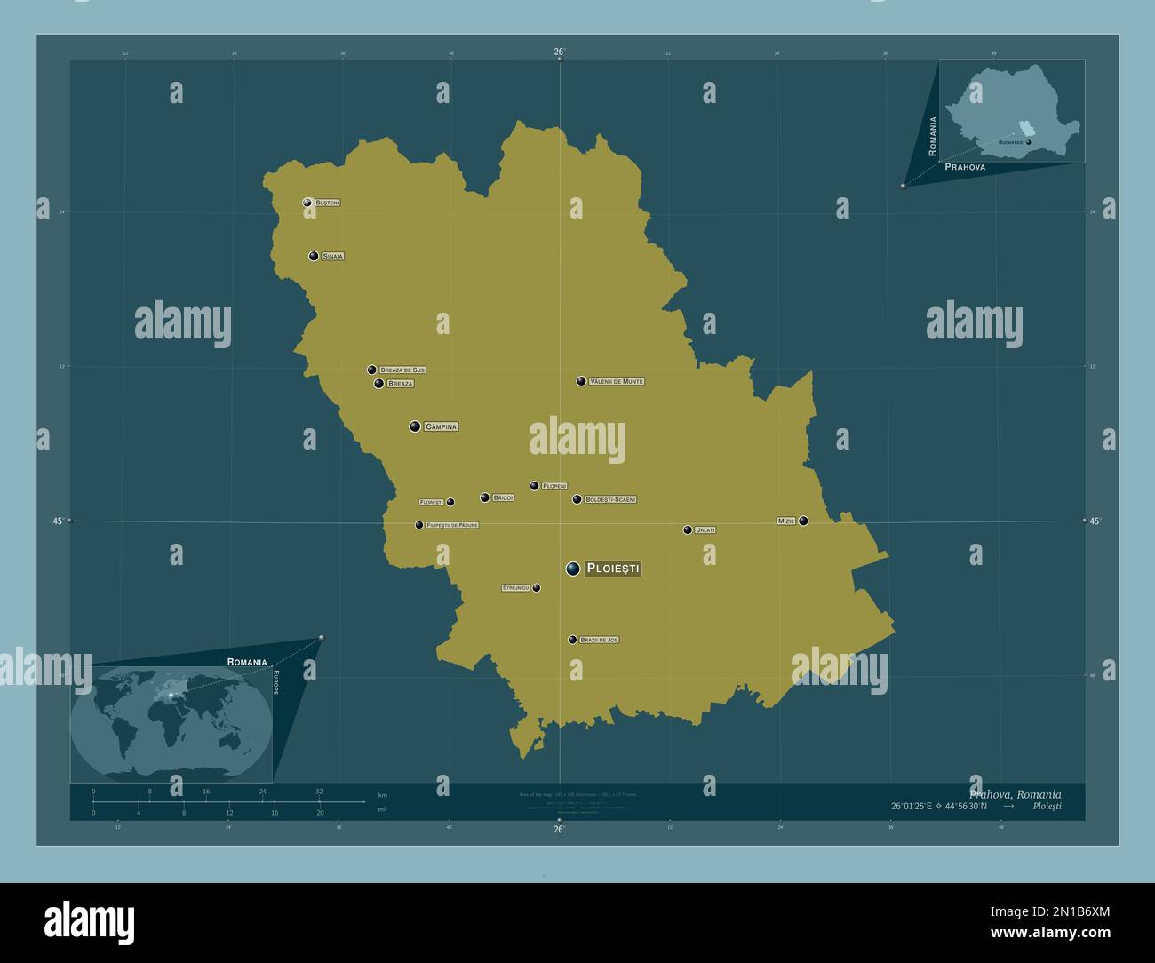 Prahova, county of Romania. Solid color shape. Locations and names of ...