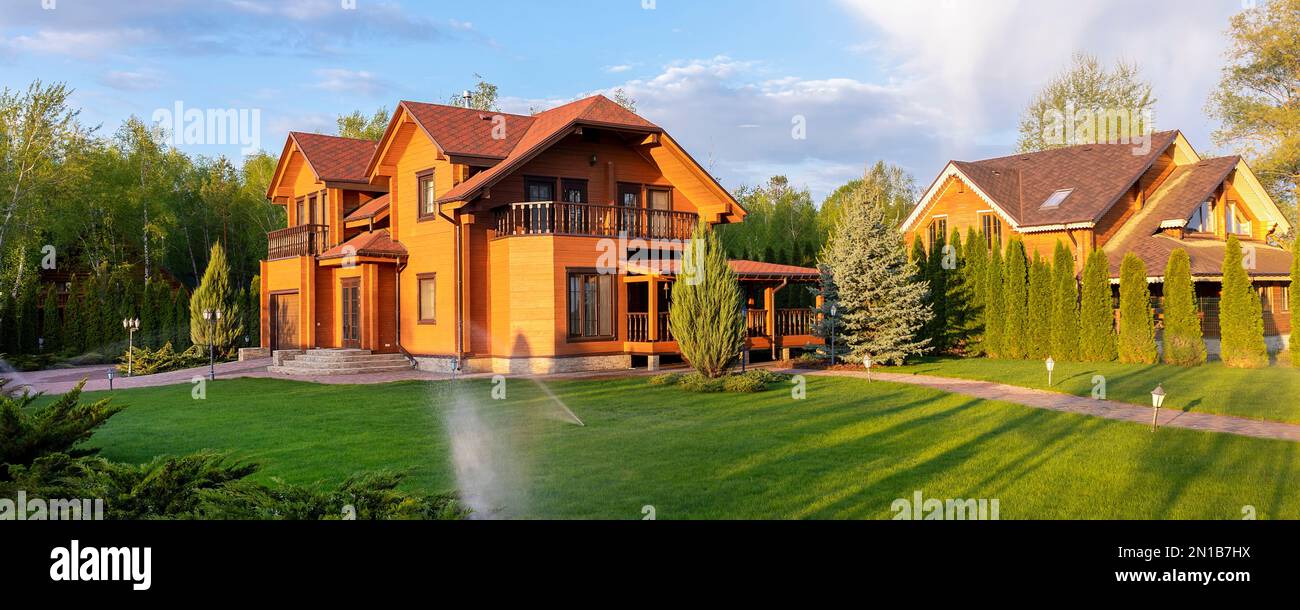 Modern wooden eco house villa facade luxury big house. Timber cottage ...