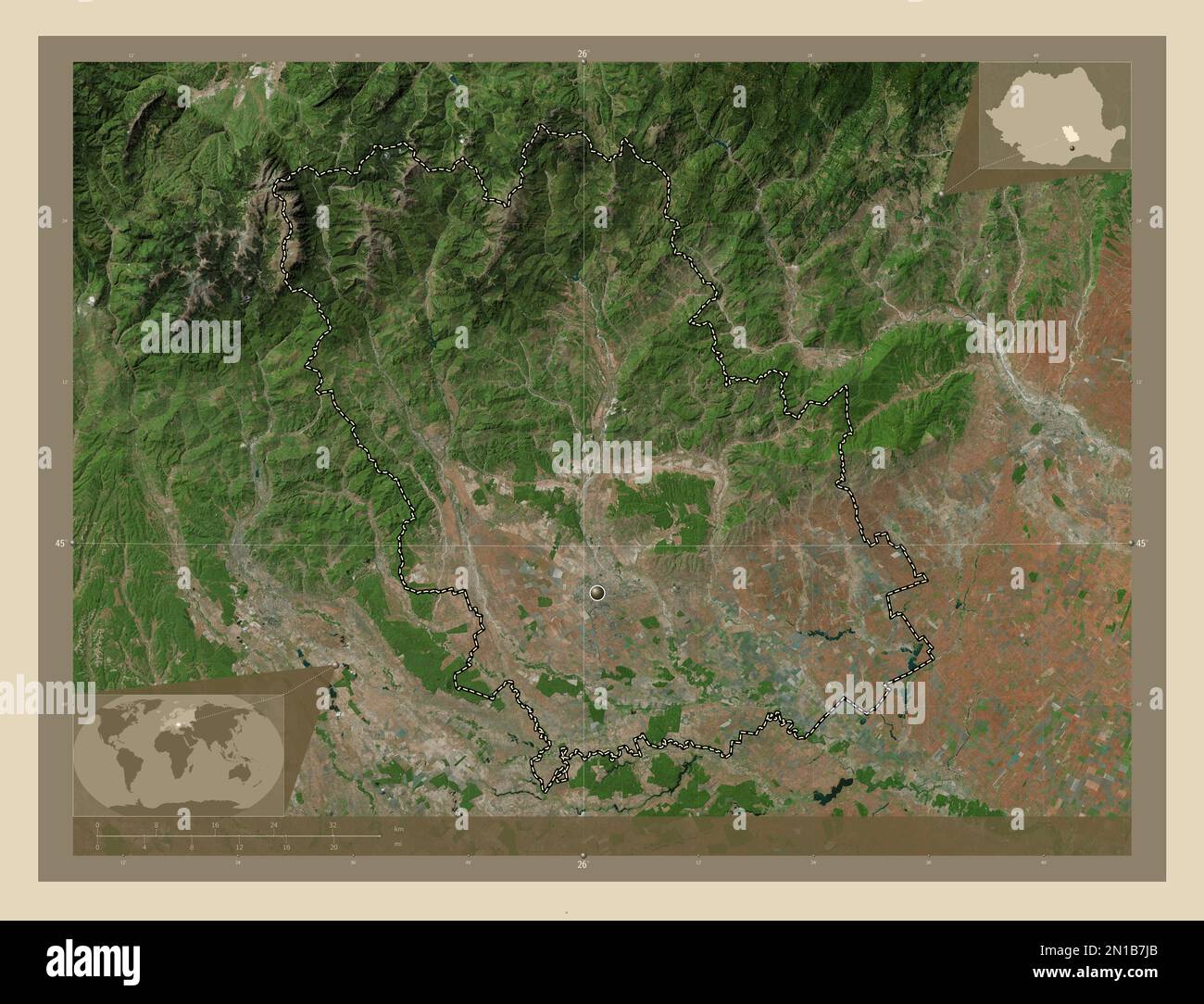 Prahova, county of Romania. High resolution satellite map. Corner ...