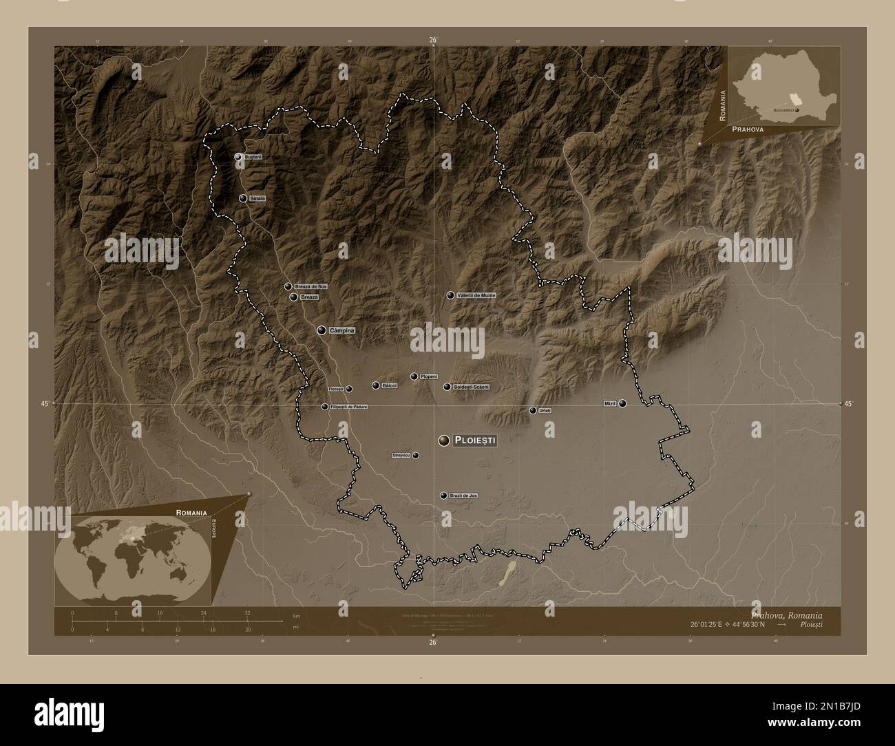 Prahova, county of Romania. Elevation map colored in sepia tones with ...