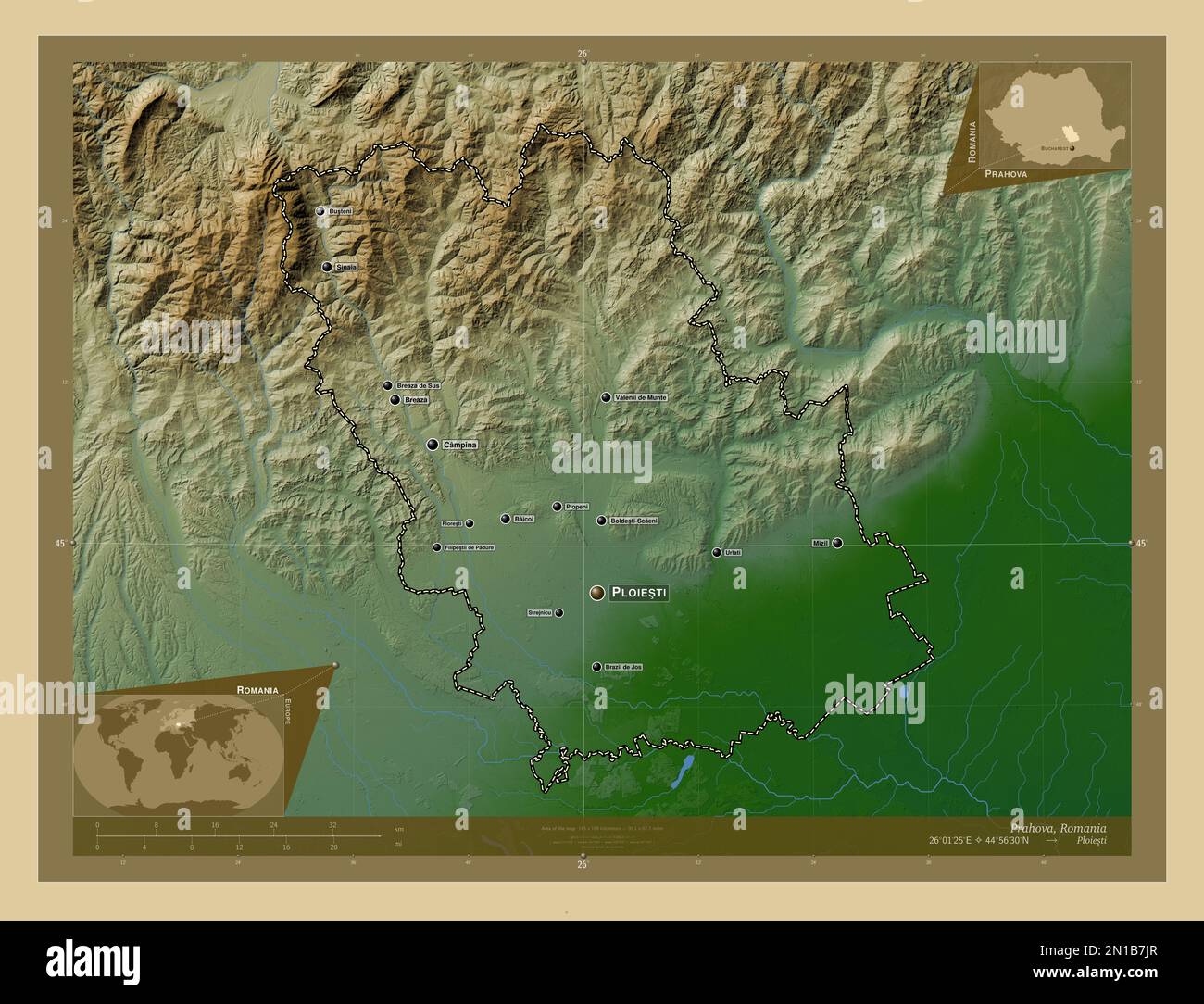 Prahova, county of Romania. Colored elevation map with lakes and rivers ...