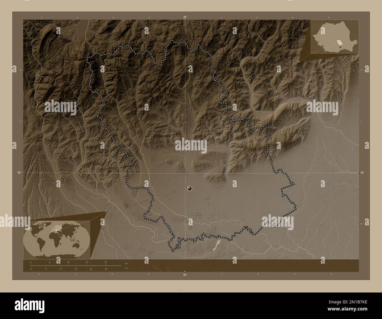 Prahova, county of Romania. Elevation map colored in sepia tones with ...