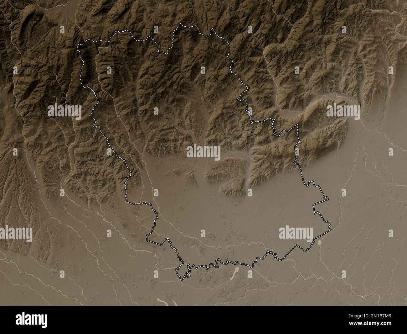 Prahova, county of Romania. Elevation map colored in sepia tones with ...