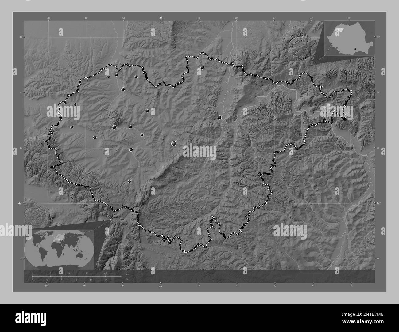 Salaj, county of Romania. Grayscale elevation map with lakes and rivers ...