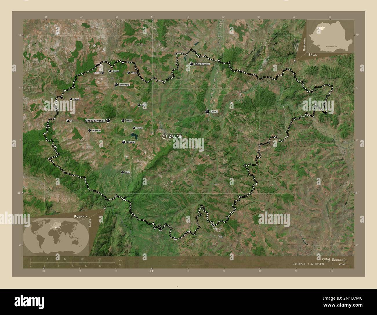 Salaj, county of Romania. High resolution satellite map. Locations and ...