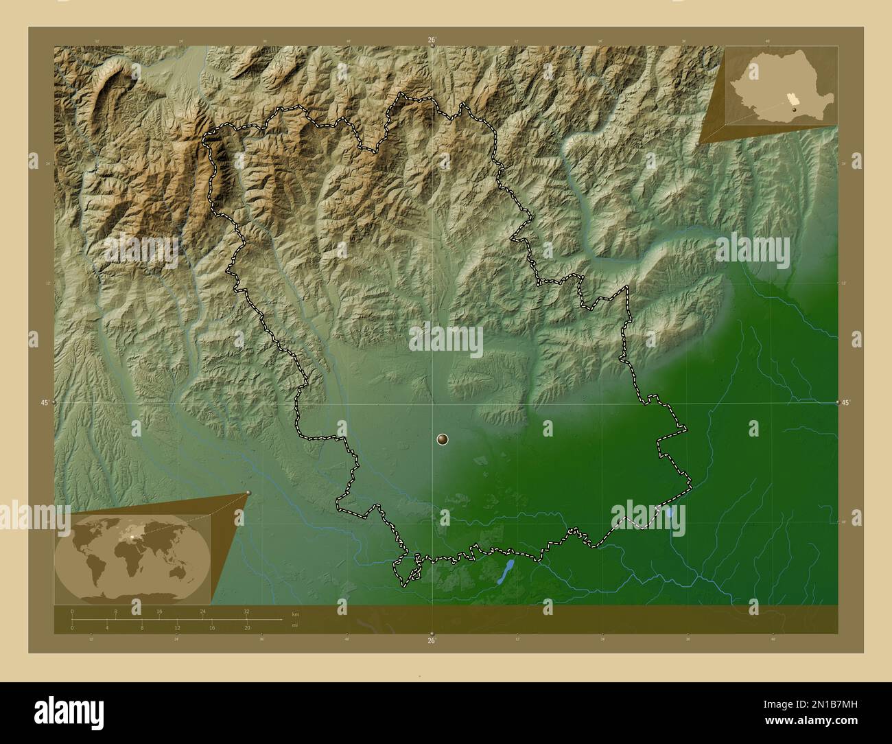 Prahova, county of Romania. Colored elevation map with lakes and rivers ...
