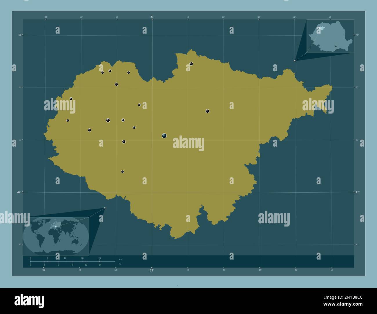 Salaj, county of Romania. Solid color shape. Locations of major cities ...