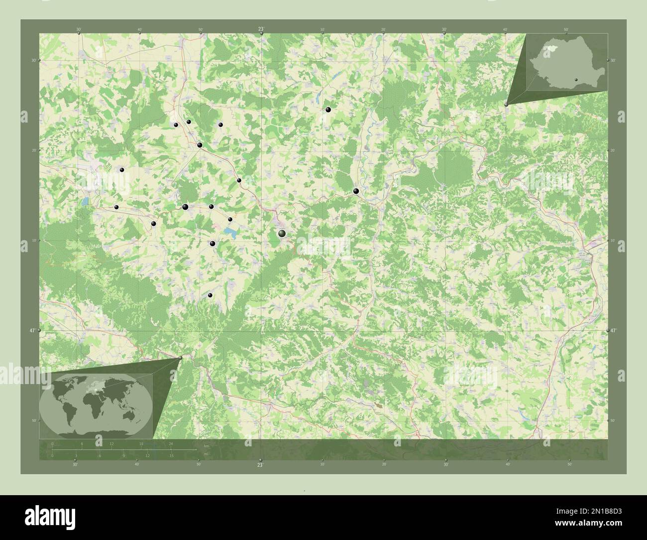 Salaj, county of Romania. Open Street Map. Locations of major cities of ...