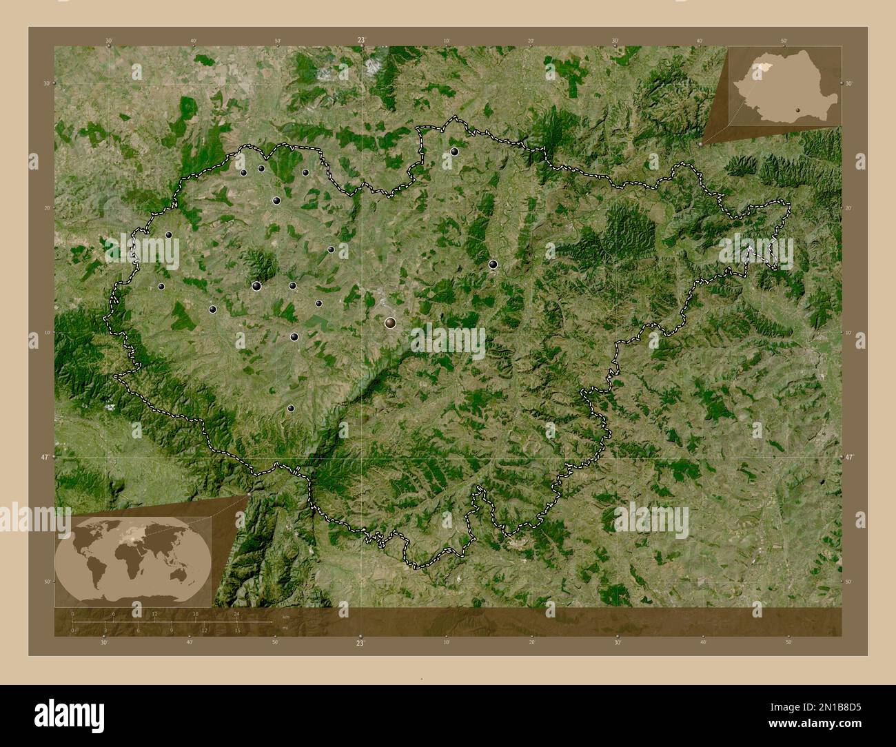 Salaj, county of Romania. Low resolution satellite map. Locations of ...