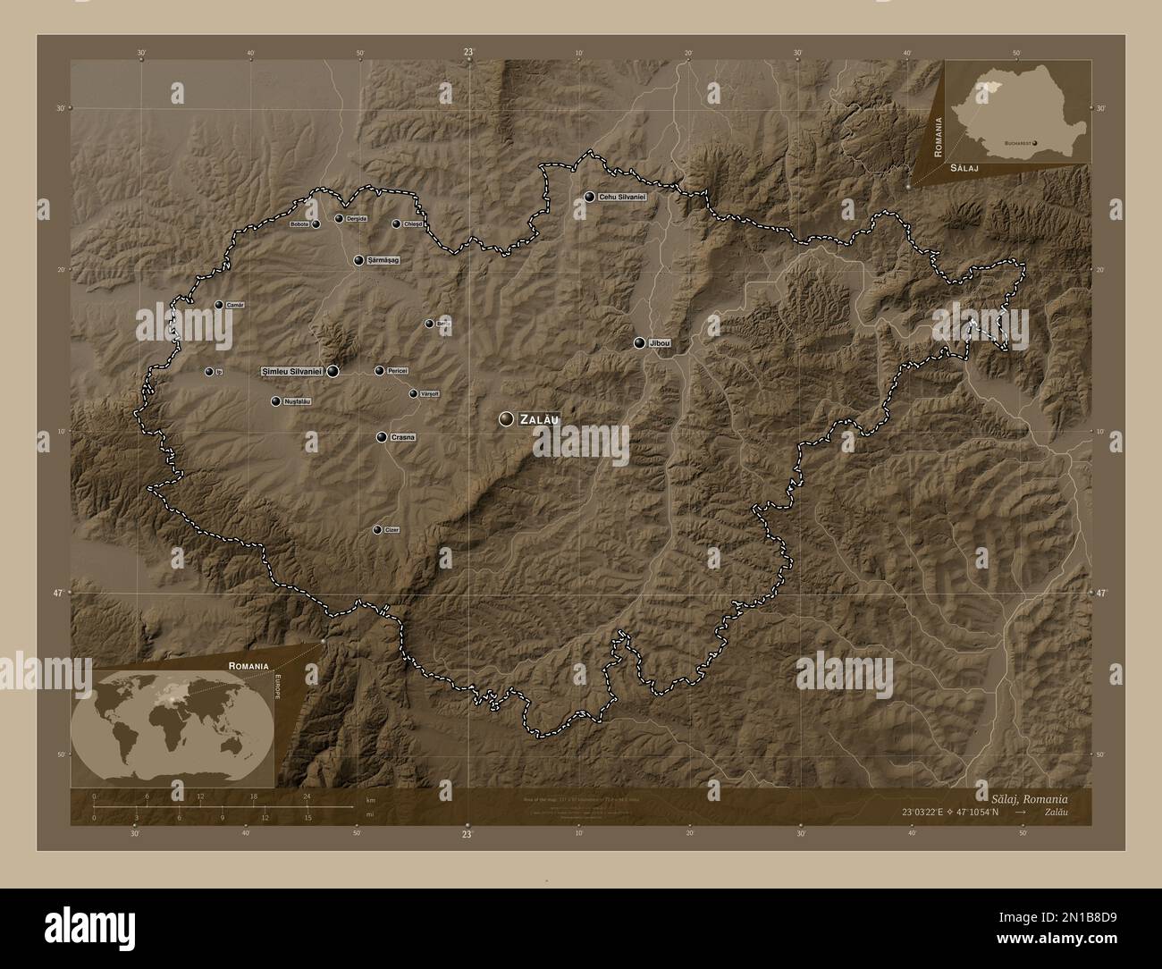 Salaj, county of Romania. Elevation map colored in sepia tones with ...