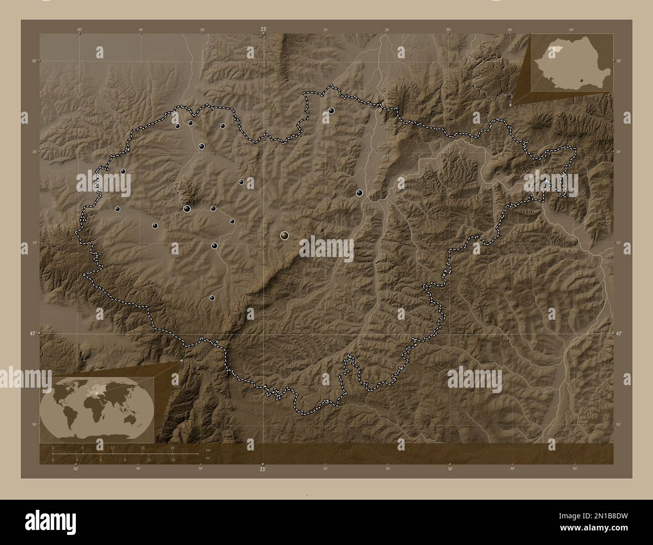 Salaj, county of Romania. Elevation map colored in sepia tones with ...