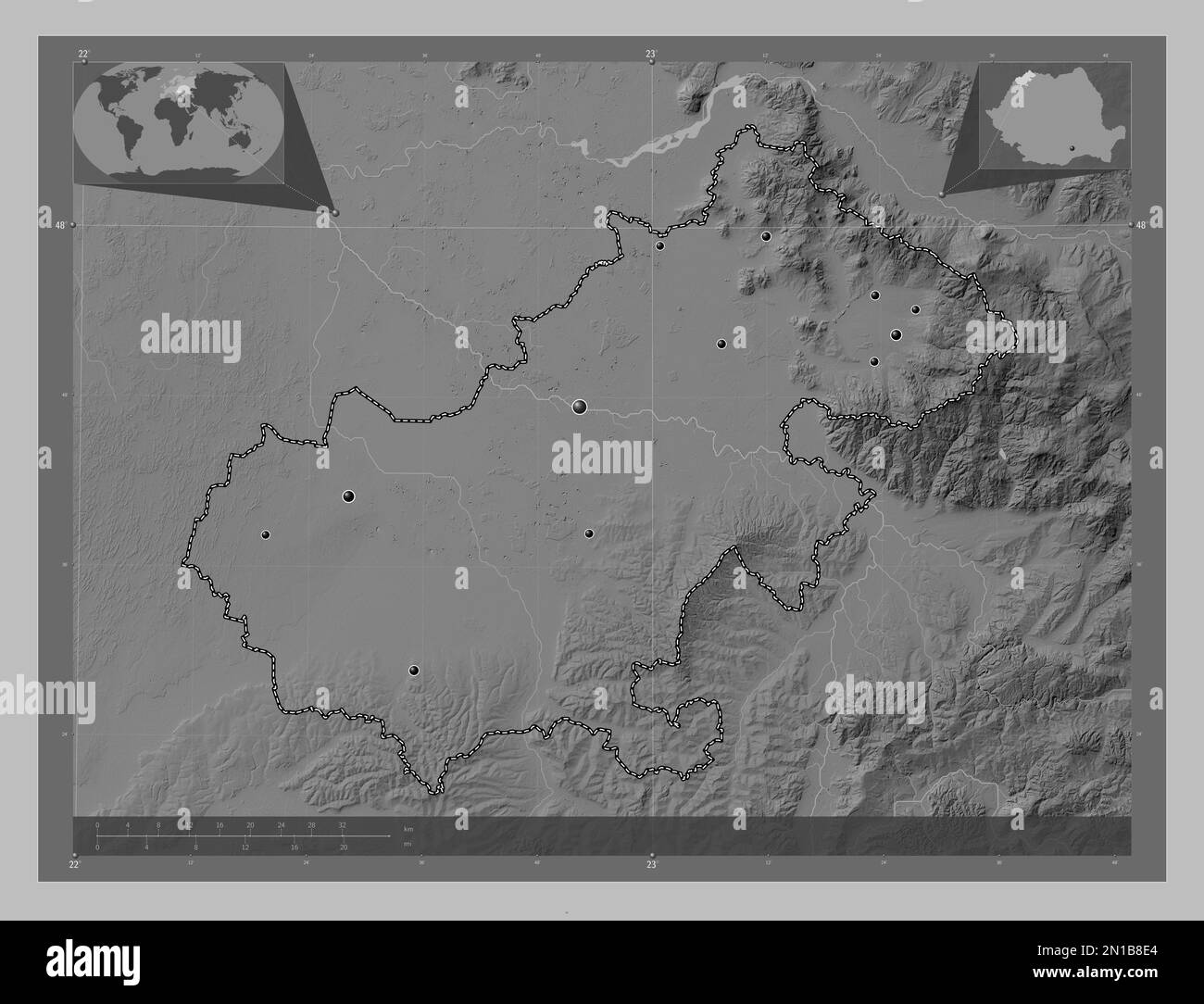 Satu Mare, county of Romania. Grayscale elevation map with lakes and ...
