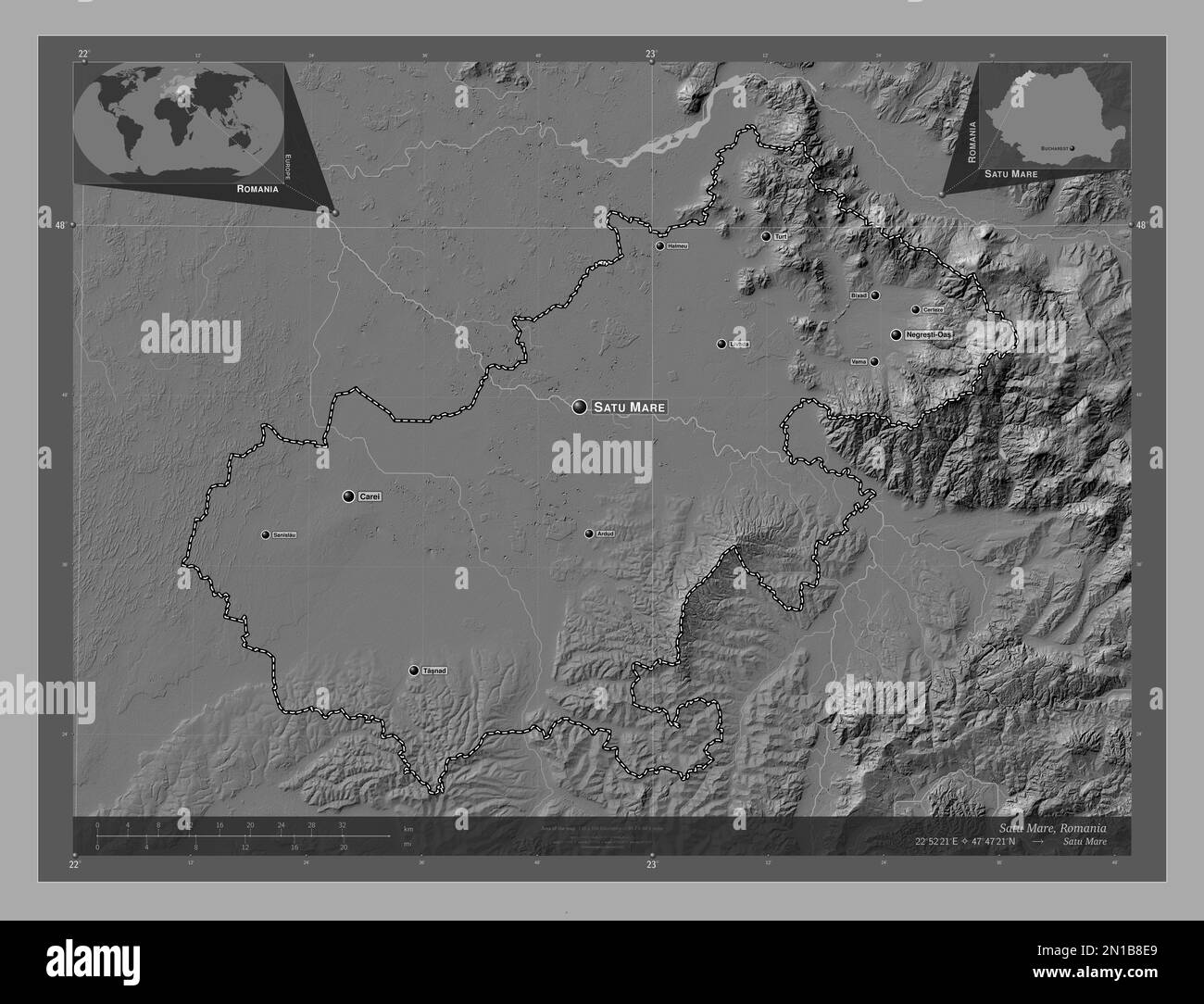Satu Mare, county of Romania. Bilevel elevation map with lakes and ...