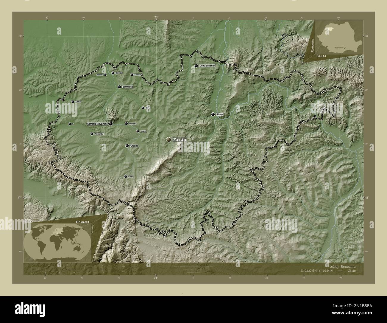 Salaj, county of Romania. Elevation map colored in wiki style with ...