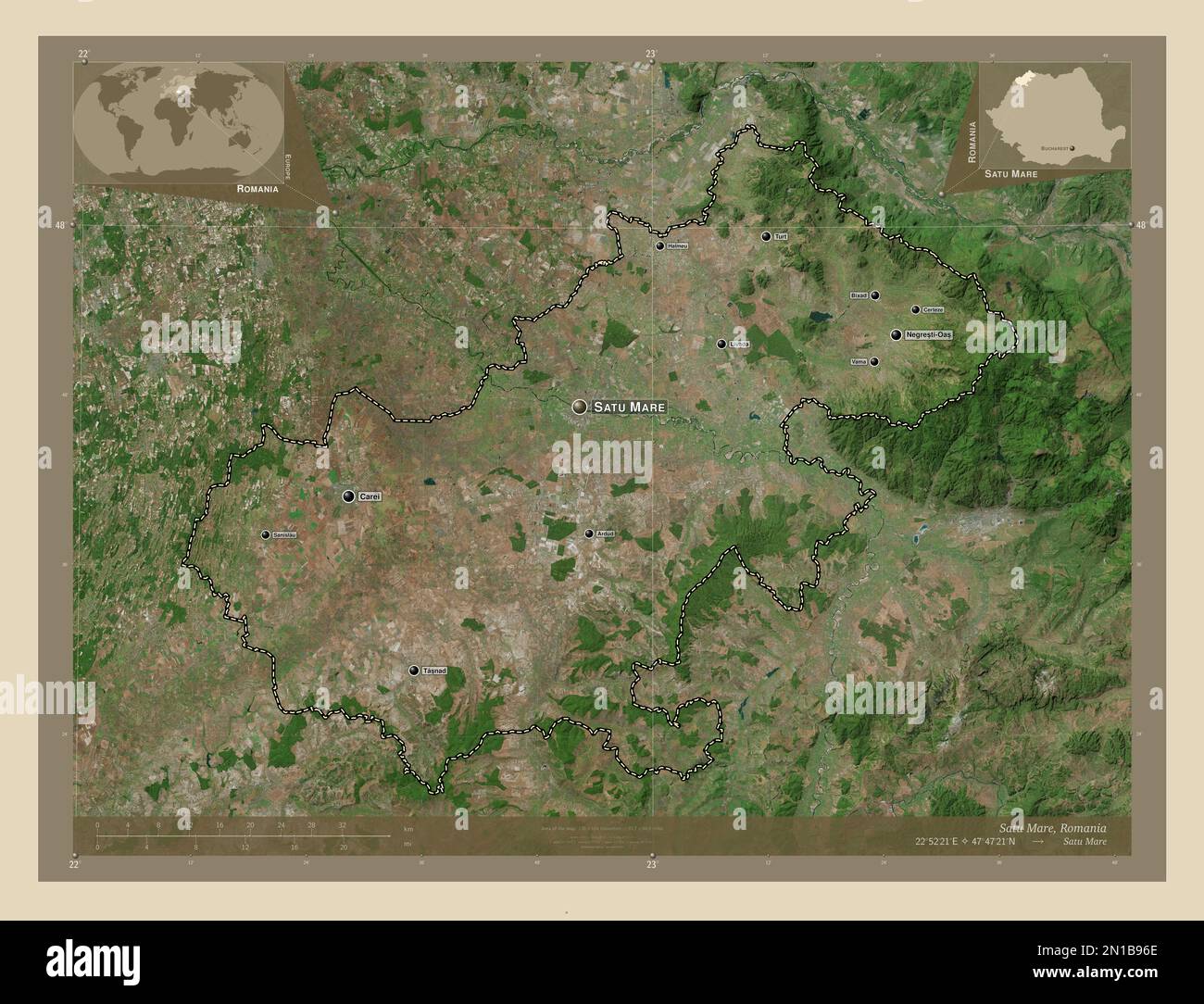 Satu Mare, county of Romania. High resolution satellite map. Locations ...