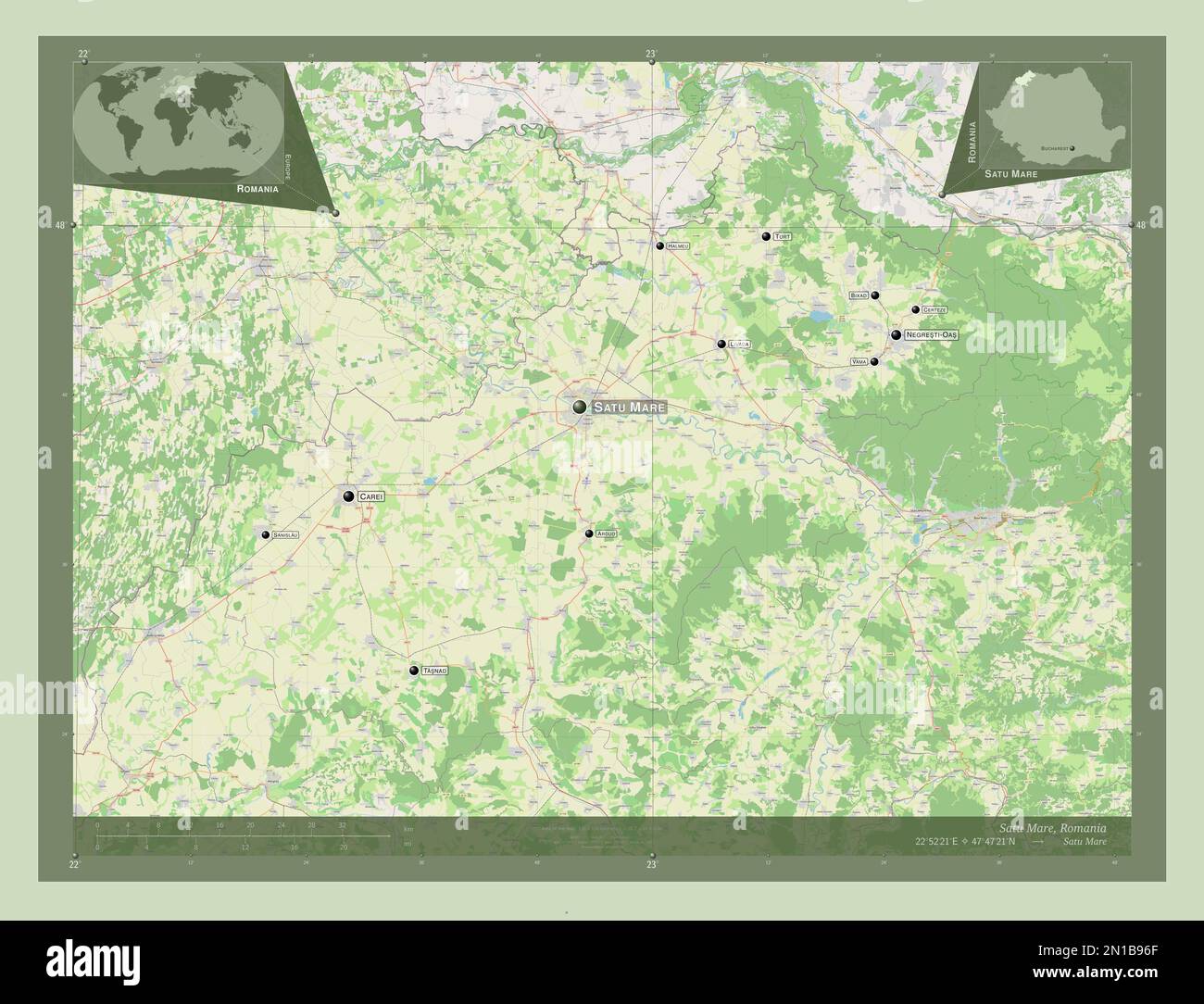 Satu Mare, county of Romania. Open Street Map. Locations and names of ...