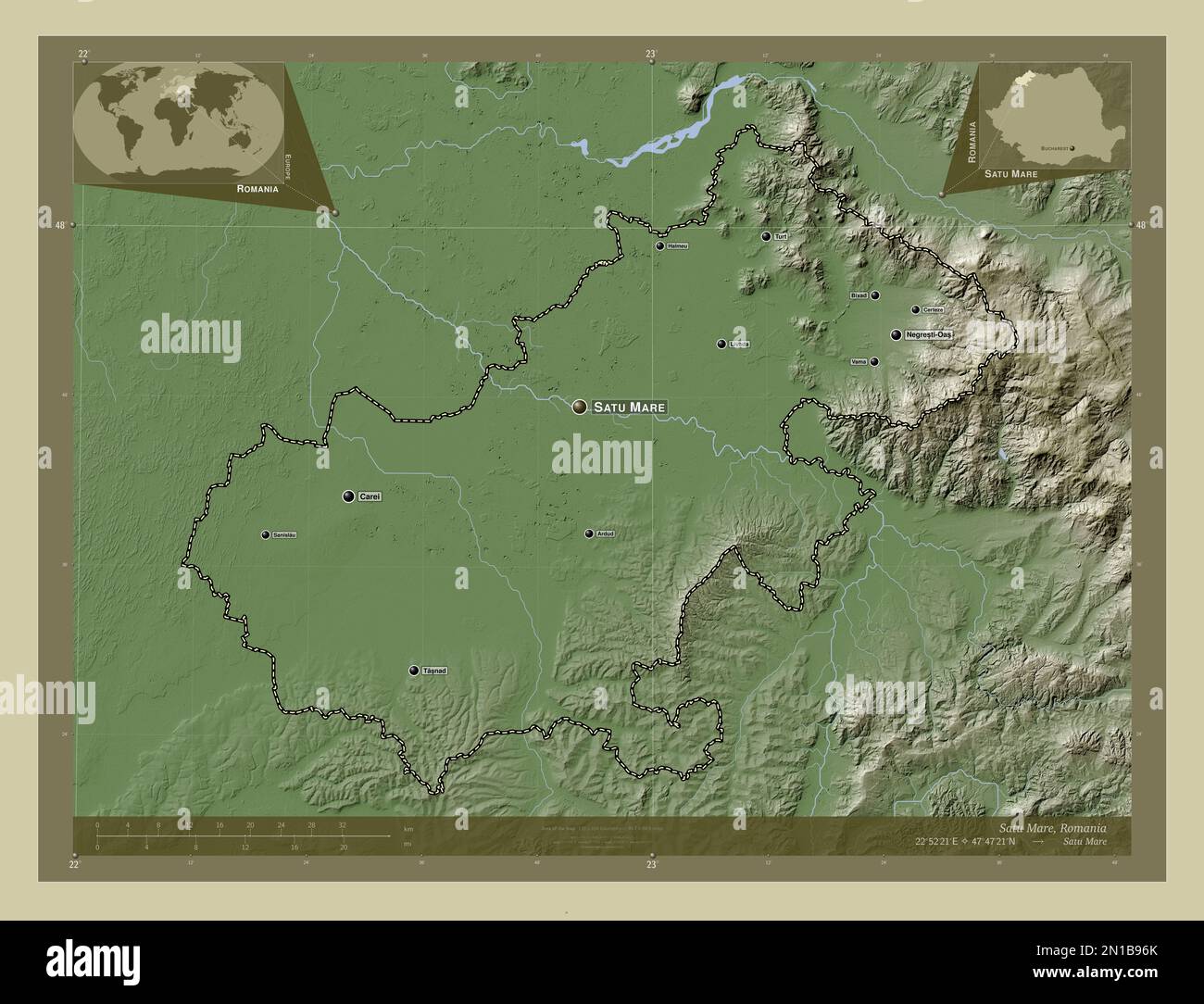 Satu Mare, county of Romania. Elevation map colored in wiki style with ...