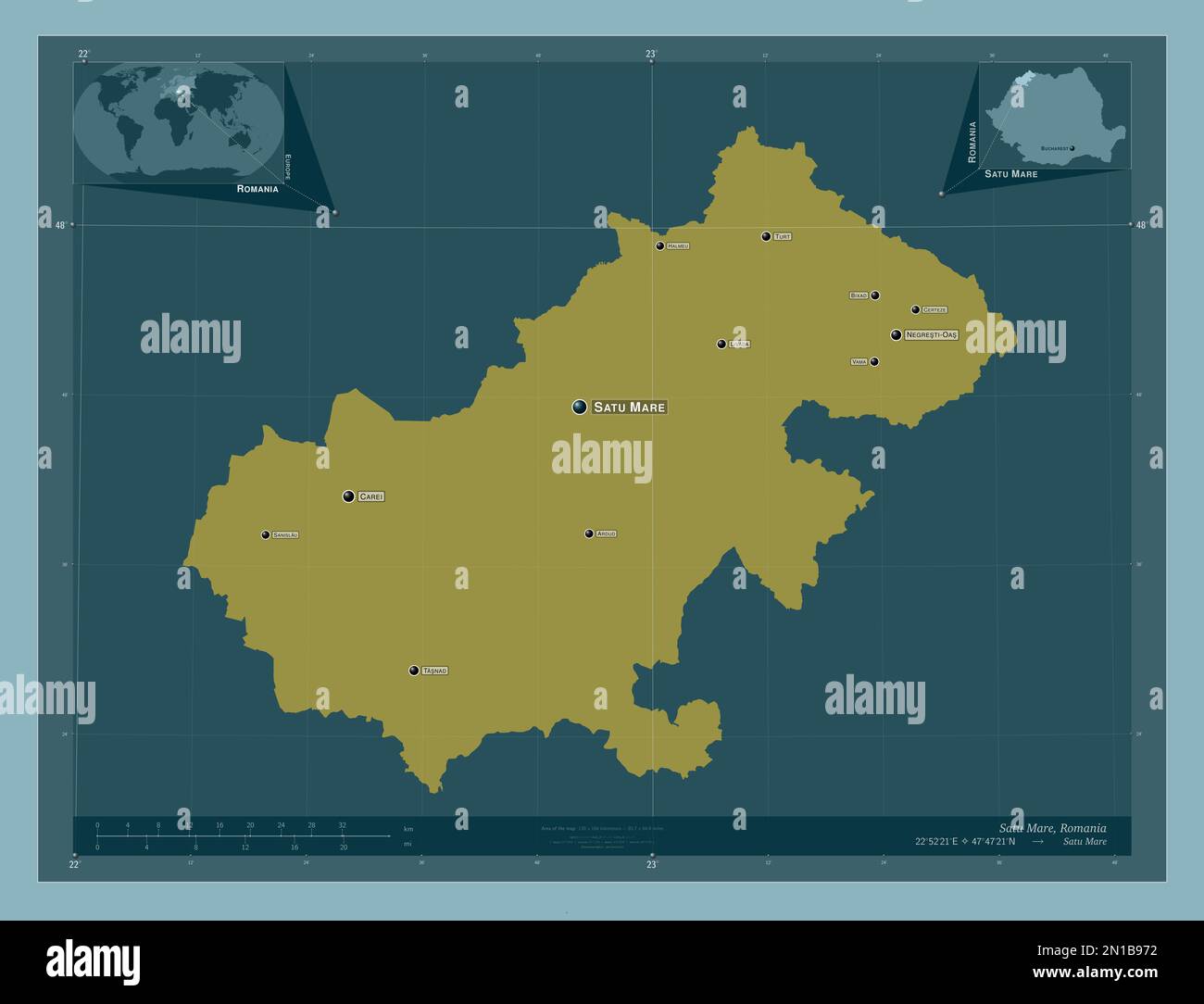 Satu Mare, county of Romania. Solid color shape. Locations and names of ...