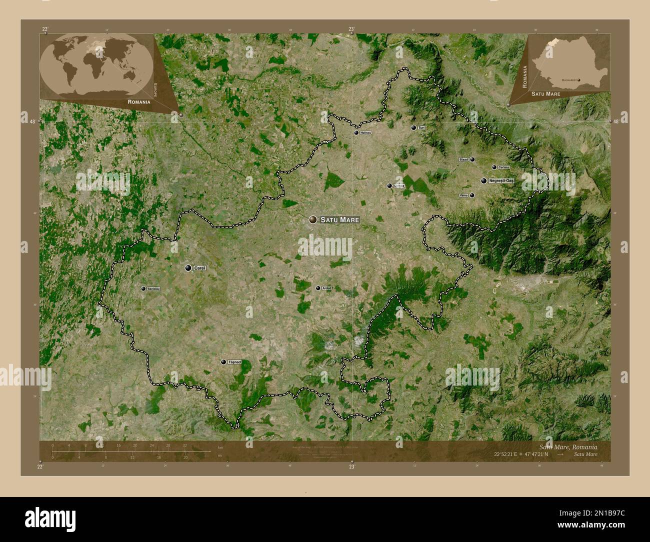Satu Mare, county of Romania. Low resolution satellite map. Locations ...