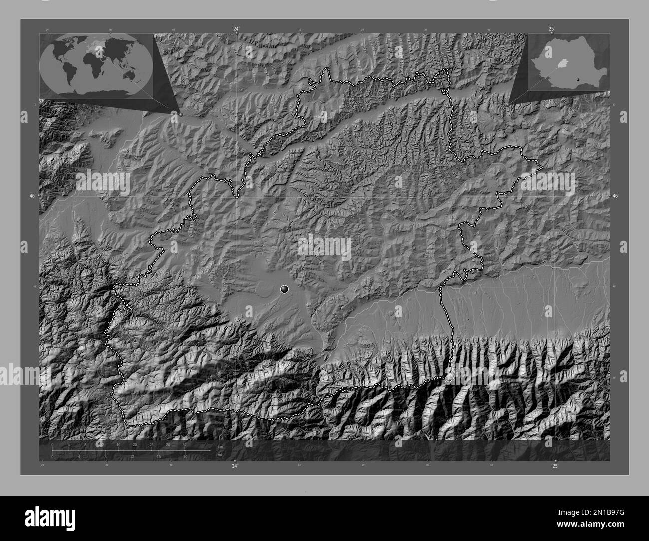 Sibiu, county of Romania. Bilevel elevation map with lakes and rivers ...