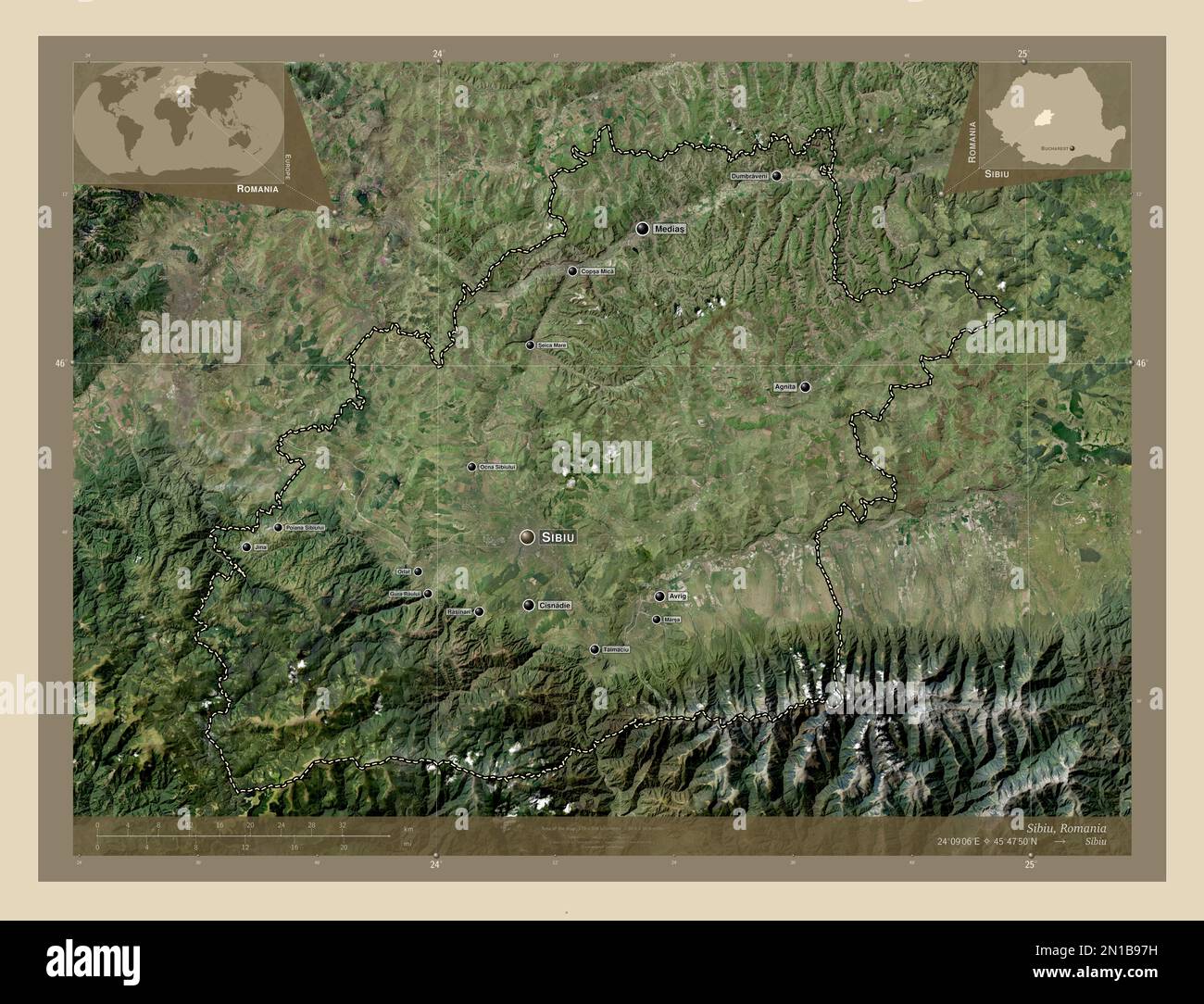 Sibiu, county of Romania. High resolution satellite map. Locations and ...