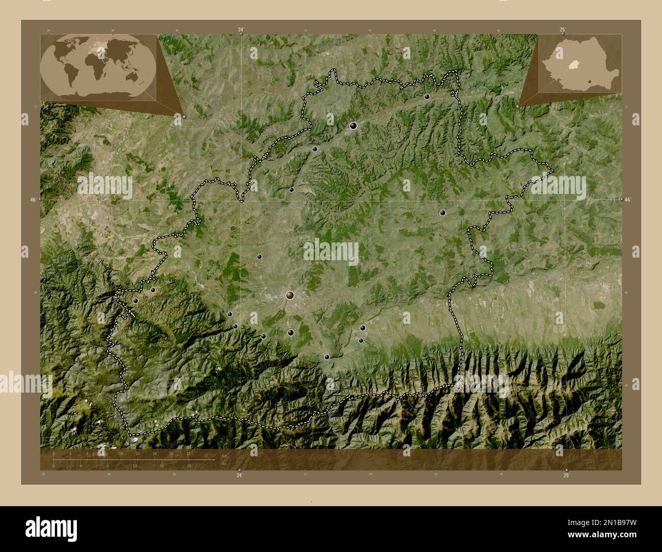 Sibiu, county of Romania. Low resolution satellite map. Locations of ...