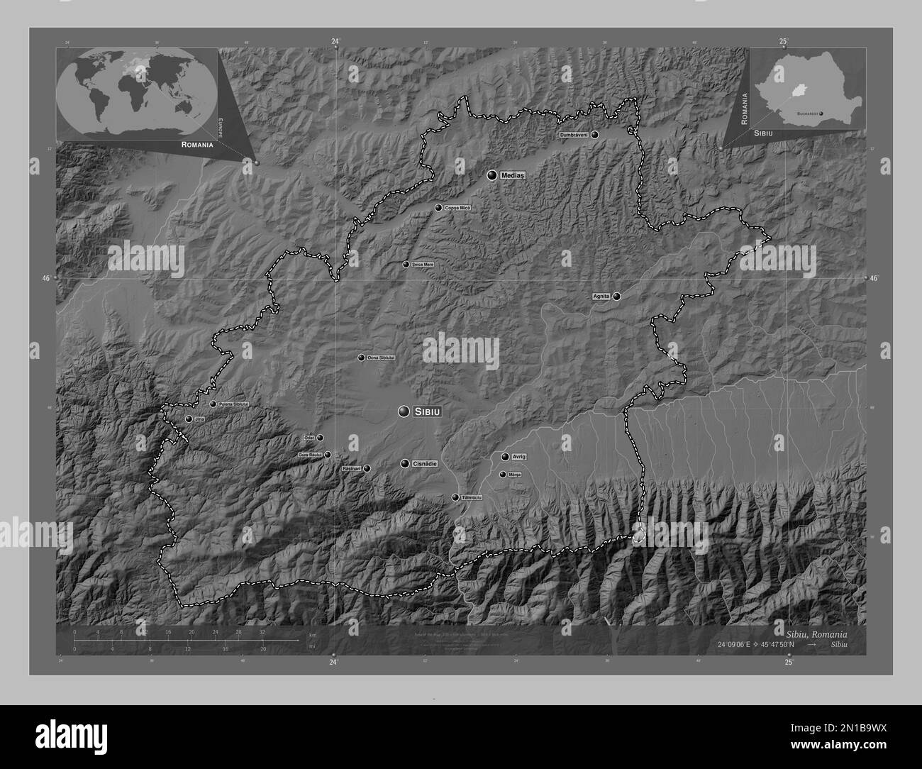 Sibiu, county of Romania. Grayscale elevation map with lakes and rivers ...