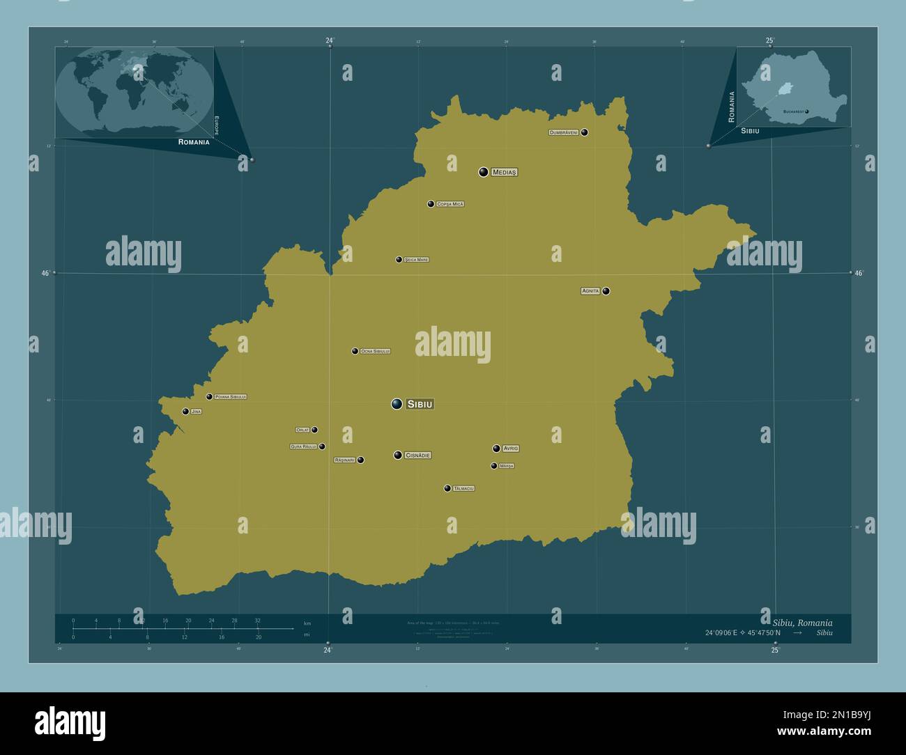 Sibiu, county of Romania. Solid color shape. Locations and names of ...