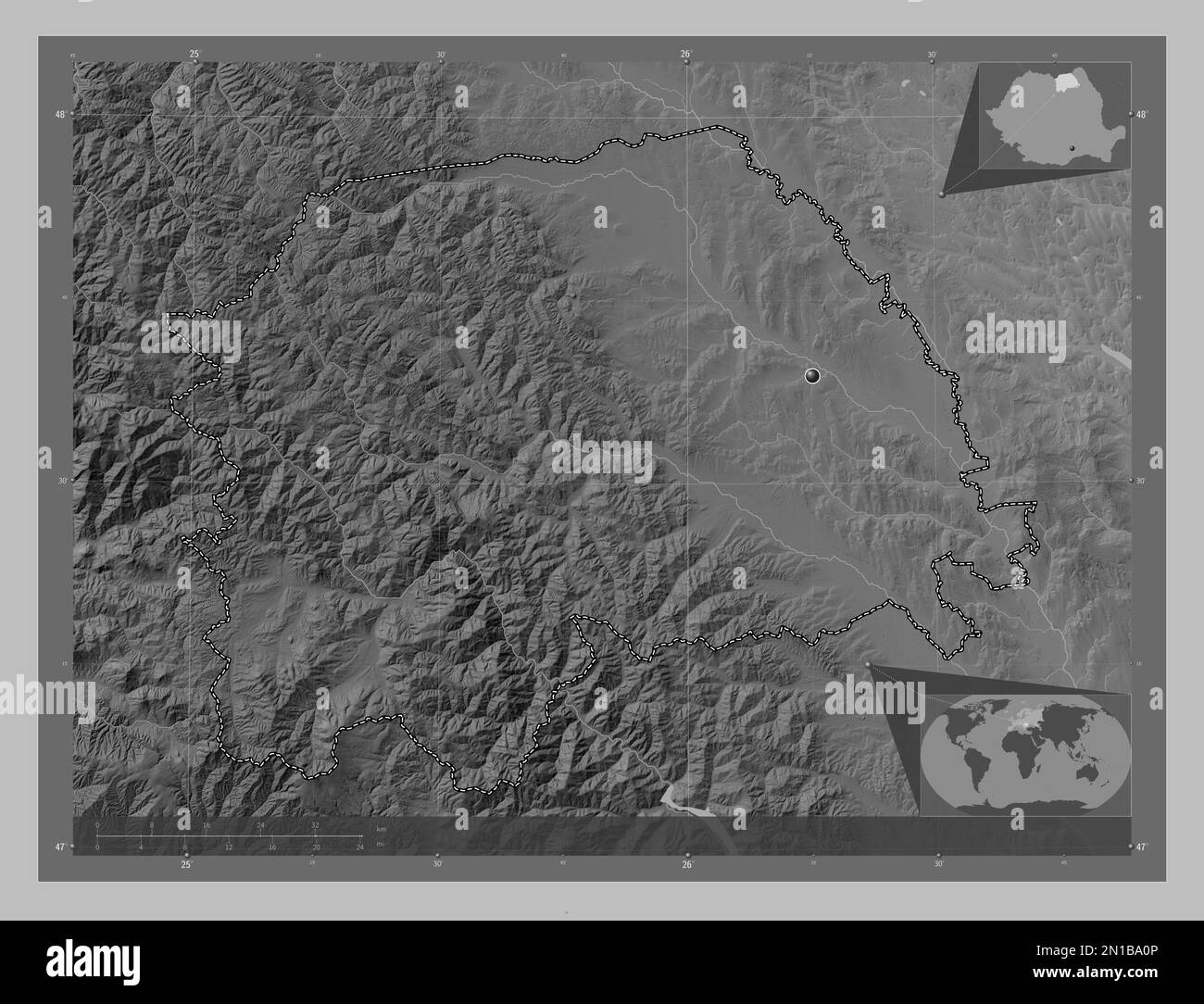 Suceava, county of Romania. Grayscale elevation map with lakes and ...