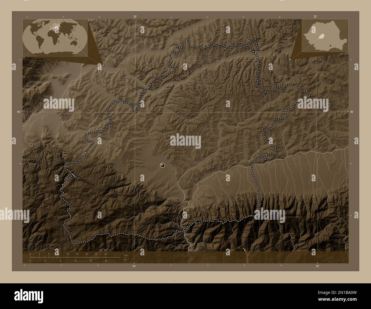 Sibiu, county of Romania. Elevation map colored in sepia tones with ...