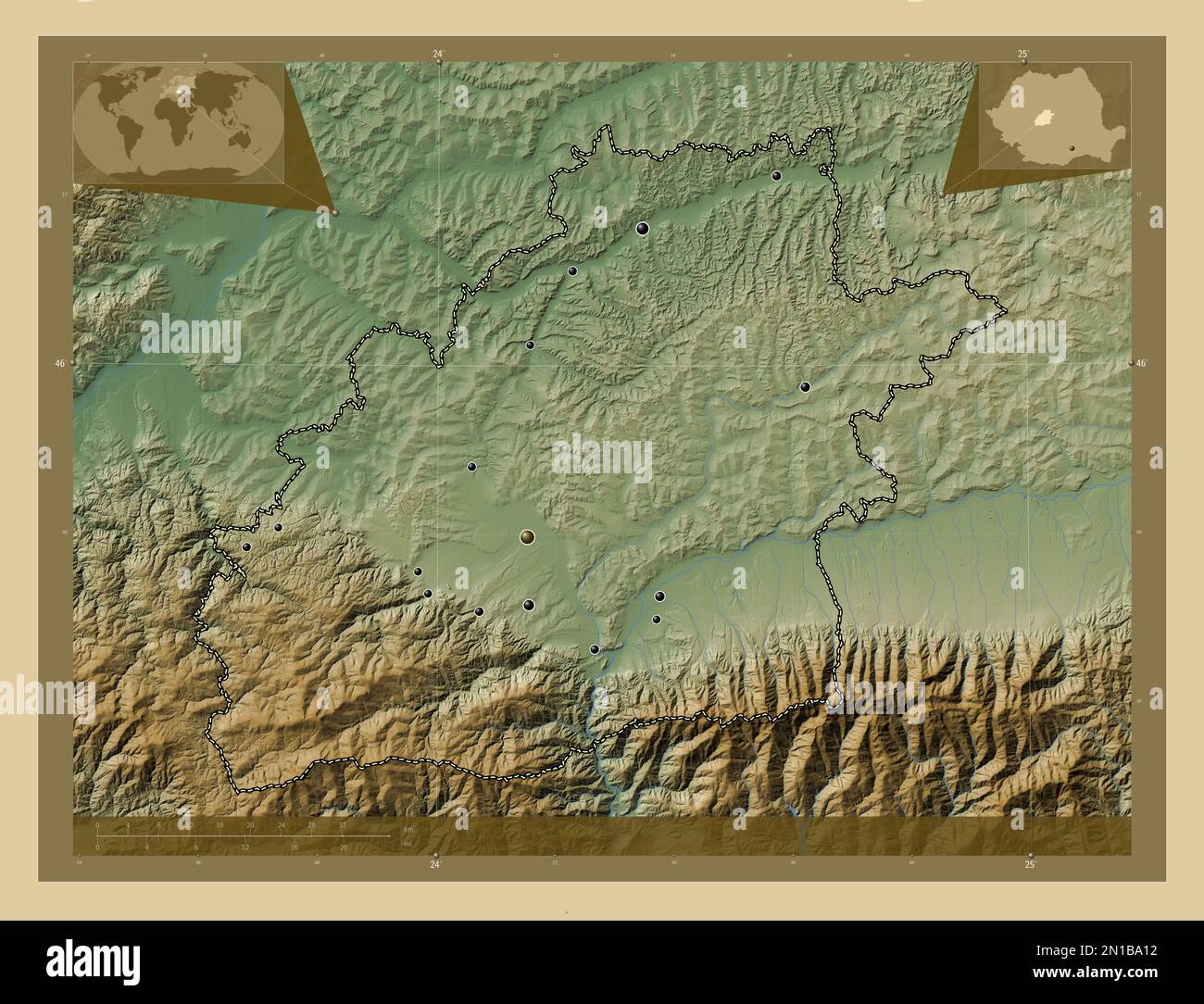 Sibiu, county of Romania. Colored elevation map with lakes and rivers ...